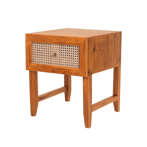 Bayou Breeze Luis Nightstand with Drawer, Handmade Sustainable Natural Rattan & Solid Teak Wood ...